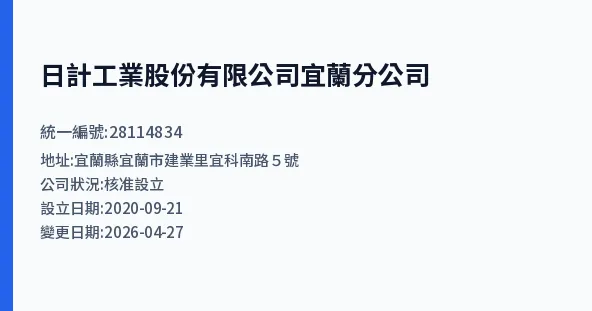 日計工業股份有限公司宜蘭分公司的照片-統編 28114834(宜蘭縣) 公司登記資料與營業項目詳細圖表