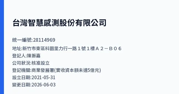 台灣智慧感測股份有限公司的照片-統編 28114969(新竹市) 公司登記資料與營業項目詳細圖表