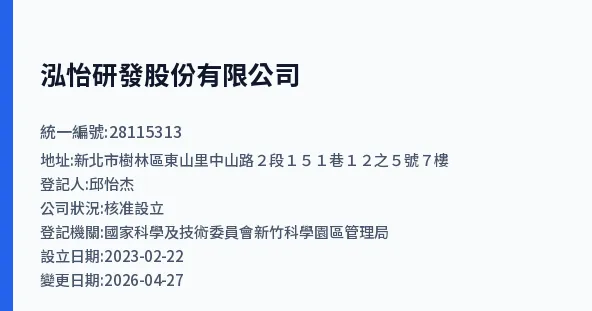 泓怡研發股份有限公司的照片-統編 28115313(新北市) 公司登記資料與營業項目詳細圖表