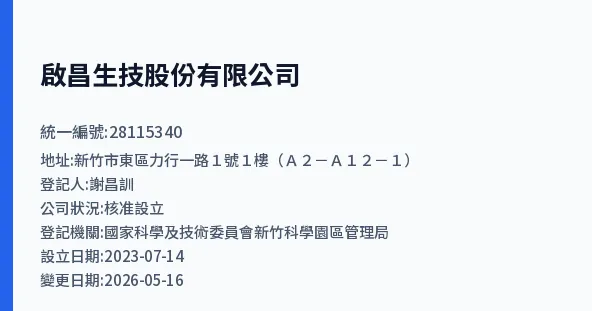 啟昌生技股份有限公司的照片-統編 28115340(新竹市) 公司登記資料與營業項目詳細圖表