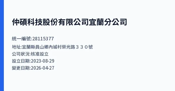仲碩科技股份有限公司宜蘭分公司的照片-統編 28115377(宜蘭縣) 公司登記資料與營業項目詳細圖表