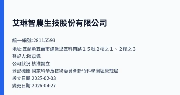 艾琳智農生技股份有限公司的照片-統編 28115593(宜蘭縣) 公司登記資料與營業項目詳細圖表