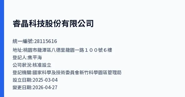 睿晶科技股份有限公司的照片-統編 28115616(桃園市) 公司登記資料與營業項目詳細圖表
