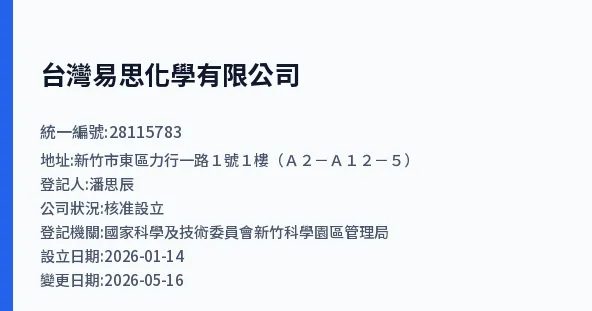 台灣易思化學有限公司的照片-統編 28115783(新竹市) 公司登記資料與營業項目詳細圖表