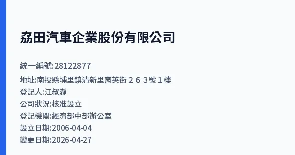 劦田汽車企業股份有限公司的照片-統編 28122877(南投縣) 公司登記資料與營業項目詳細圖表