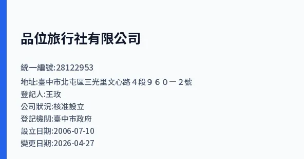 品位旅行社有限公司的照片-統編 28122953(臺中市) 公司登記資料與營業項目詳細圖表
