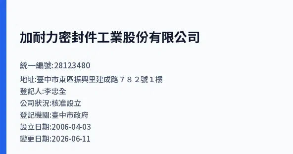 加耐力密封件工業股份有限公司的照片-統編 28123480(臺中市) 公司登記資料與營業項目詳細圖表