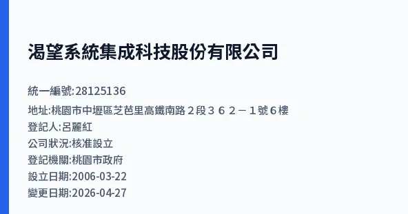 渴望系統集成科技股份有限公司的照片-統編 28125136(桃園市) 公司登記資料與營業項目詳細圖表