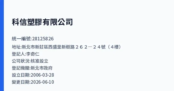 科信塑膠有限公司的照片-統編 28125826(新北市) 公司登記資料與營業項目詳細圖表