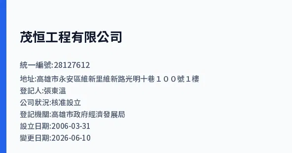 茂恒工程有限公司的照片-統編 28127612(高雄市) 公司登記資料與營業項目詳細圖表