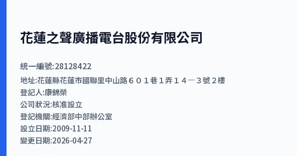 花蓮之聲廣播電台股份有限公司的照片-統編 28128422(花蓮縣) 公司登記資料與營業項目詳細圖表