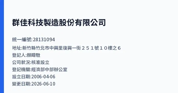 群佳科技製造股份有限公司的照片-統編 28131094(新竹縣) 公司登記資料與營業項目詳細圖表