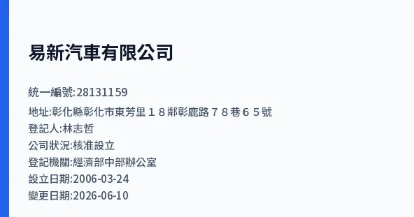 易新汽車有限公司的照片-統編 28131159(彰化縣) 公司登記資料與營業項目詳細圖表