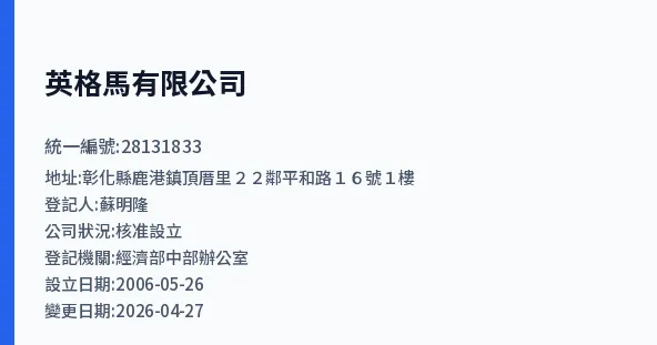 英格馬有限公司的照片-統編 28131833(彰化縣) 公司登記資料與營業項目詳細圖表