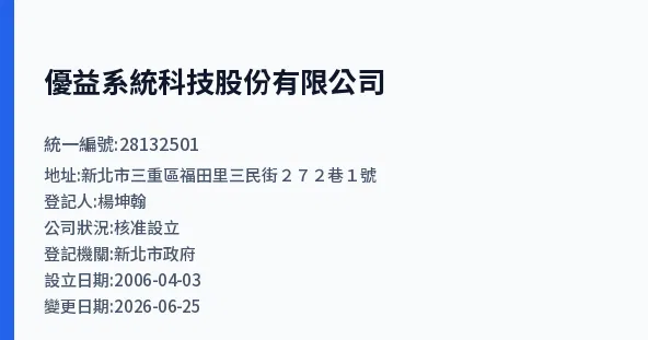 優益系統科技股份有限公司的照片-統編 28132501(新北市) 公司登記資料與營業項目詳細圖表