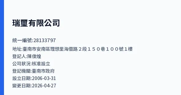 瑞璽有限公司的照片-統編 28133797(臺南市) 公司登記資料與營業項目詳細圖表