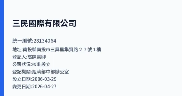 三民國際有限公司的照片-統編 28134064(南投縣) 公司登記資料與營業項目詳細圖表
