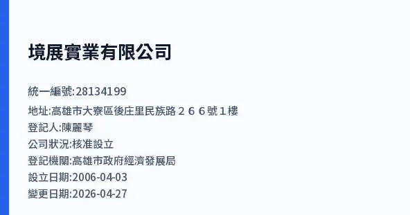 境展實業有限公司的照片-統編 28134199(高雄市) 公司登記資料與營業項目詳細圖表