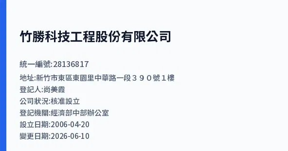 竹勝科技工程股份有限公司的照片-統編 28136817(新竹市) 公司登記資料與營業項目詳細圖表