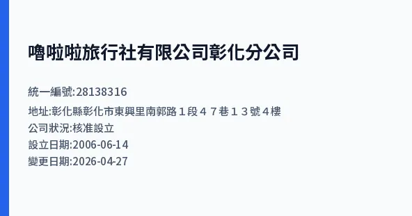 嚕啦啦旅行社有限公司彰化分公司的照片-統編 28138316(彰化縣) 公司登記資料與營業項目詳細圖表