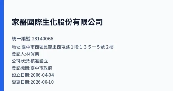 家醫國際生化股份有限公司的照片-統編 28140066(臺中市) 公司登記資料與營業項目詳細圖表