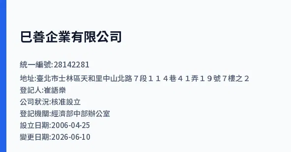 巳善企業有限公司的照片-統編 28142281(臺北市) 公司登記資料與營業項目詳細圖表