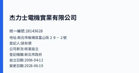 杰力士電機實業有限公司的照片-統編 28143628(新北市) 公司登記資料與營業項目詳細圖表