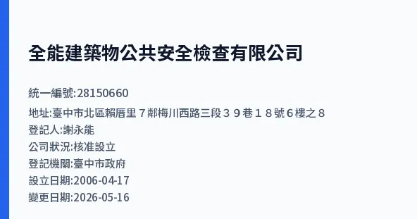 全能建築物公共安全檢查有限公司的照片-統編 28150660(臺中市) 公司登記資料與營業項目詳細圖表