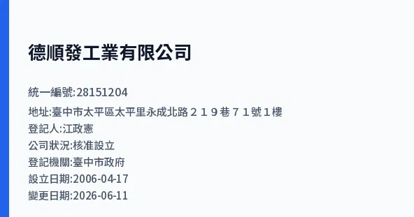 德順發工業有限公司的照片-統編 28151204(臺中市) 公司登記資料與營業項目詳細圖表