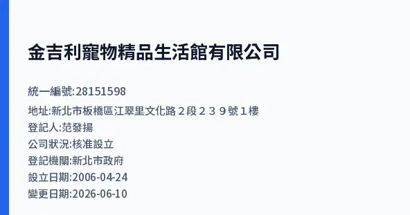 金吉利寵物精品生活館有限公司的照片-統編 28151598(新北市) 公司登記資料與營業項目詳細圖表