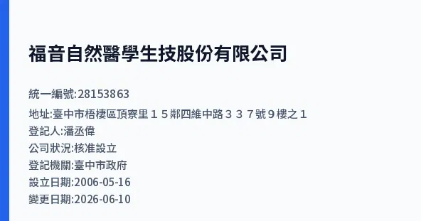 福音自然醫學生技股份有限公司的照片-統編 28153863(臺中市) 公司登記資料與營業項目詳細圖表