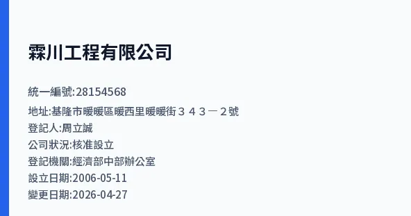 霖川工程有限公司的照片-統編 28154568(基隆市) 公司登記資料與營業項目詳細圖表