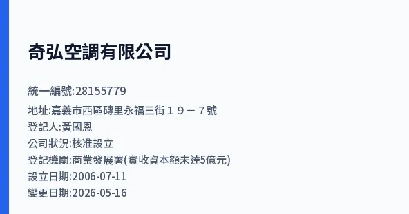 奇弘空調有限公司的照片-統編 28155779(嘉義市) 公司登記資料與營業項目詳細圖表