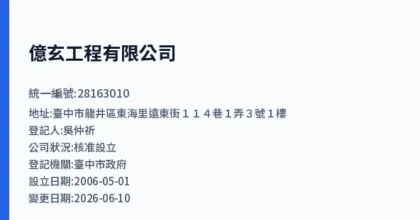 億玄工程有限公司的照片-統編 28163010(臺中市) 公司登記資料與營業項目詳細圖表