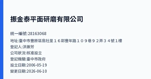 振金泰平面研磨有限公司的照片-統編 28163068(臺中市) 公司登記資料與營業項目詳細圖表