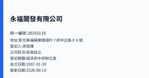 永福開發有限公司的照片-統編 28165116(彰化縣) 公司登記資料與營業項目詳細圖表