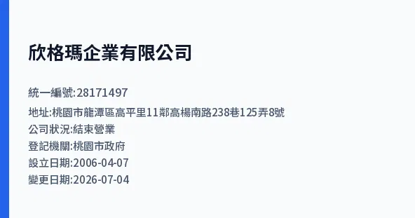 欣格瑪企業有限公司的照片-統編 28171497(桃園市) 公司登記資料與營業項目詳細圖表