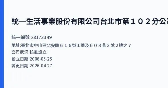 統一生活事業股份有限公司台北市第102分公司的照片-統編 28173349(臺北市) 公司登記資料與營業項目詳細圖表