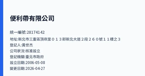 便利帶有限公司的照片-統編 28174142(新北市) 公司登記資料與營業項目詳細圖表
