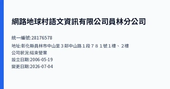網路地球村語文資訊有限公司員林分公司的照片-統編 28176578(彰化縣) 公司登記資料與營業項目詳細圖表