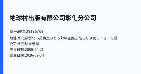 地球村出版有限公司彰化分公司的照片-統編 28176768(彰化縣) 公司登記資料與營業項目詳細圖表