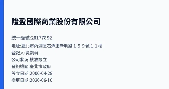 隆盈國際商業股份有限公司的照片-統編 28177892(臺北市) 公司登記資料與營業項目詳細圖表