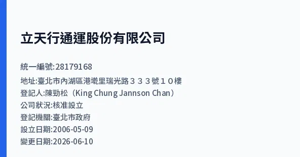 立天行通運股份有限公司的照片-統編 28179168(臺北市) 公司登記資料與營業項目詳細圖表