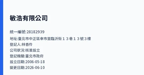 敏浩有限公司的照片-統編 28182939(臺北市) 公司登記資料與營業項目詳細圖表