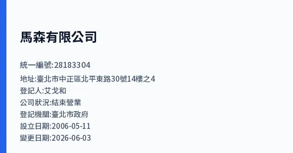 馬森有限公司的照片-統編 28183304(臺北市) 公司登記資料與營業項目詳細圖表