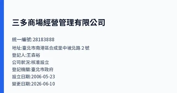 三多商場經營管理有限公司的照片-統編 28183888(臺北市) 公司登記資料與營業項目詳細圖表