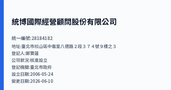 統博國際經營顧問股份有限公司的照片-統編 28184182(臺北市) 公司登記資料與營業項目詳細圖表