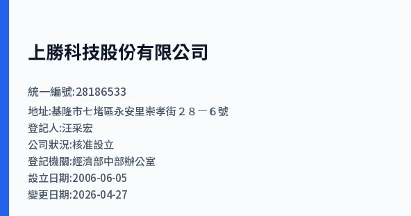 上勝科技股份有限公司的照片-統編 28186533(基隆市) 公司登記資料與營業項目詳細圖表