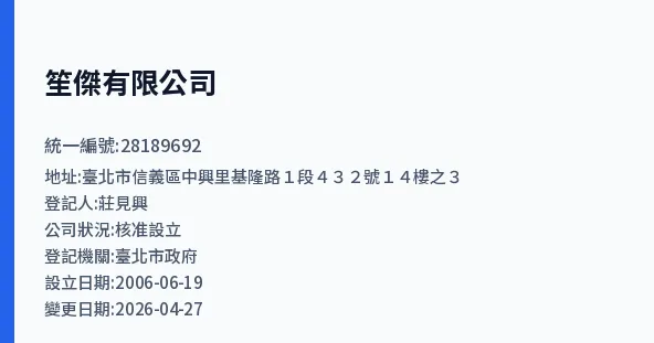 笙傑有限公司的照片-統編 28189692(臺北市) 公司登記資料與營業項目詳細圖表