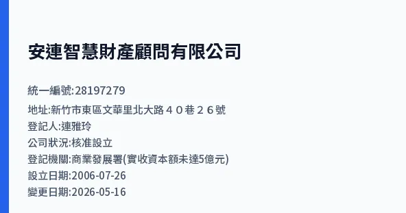 安連智慧財產顧問有限公司的照片-統編 28197279(新竹市) 公司登記資料與營業項目詳細圖表